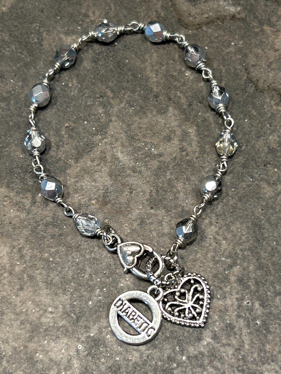 Silver Diabetic Medical Alert Bracelet With Rosary Style Chain and ...