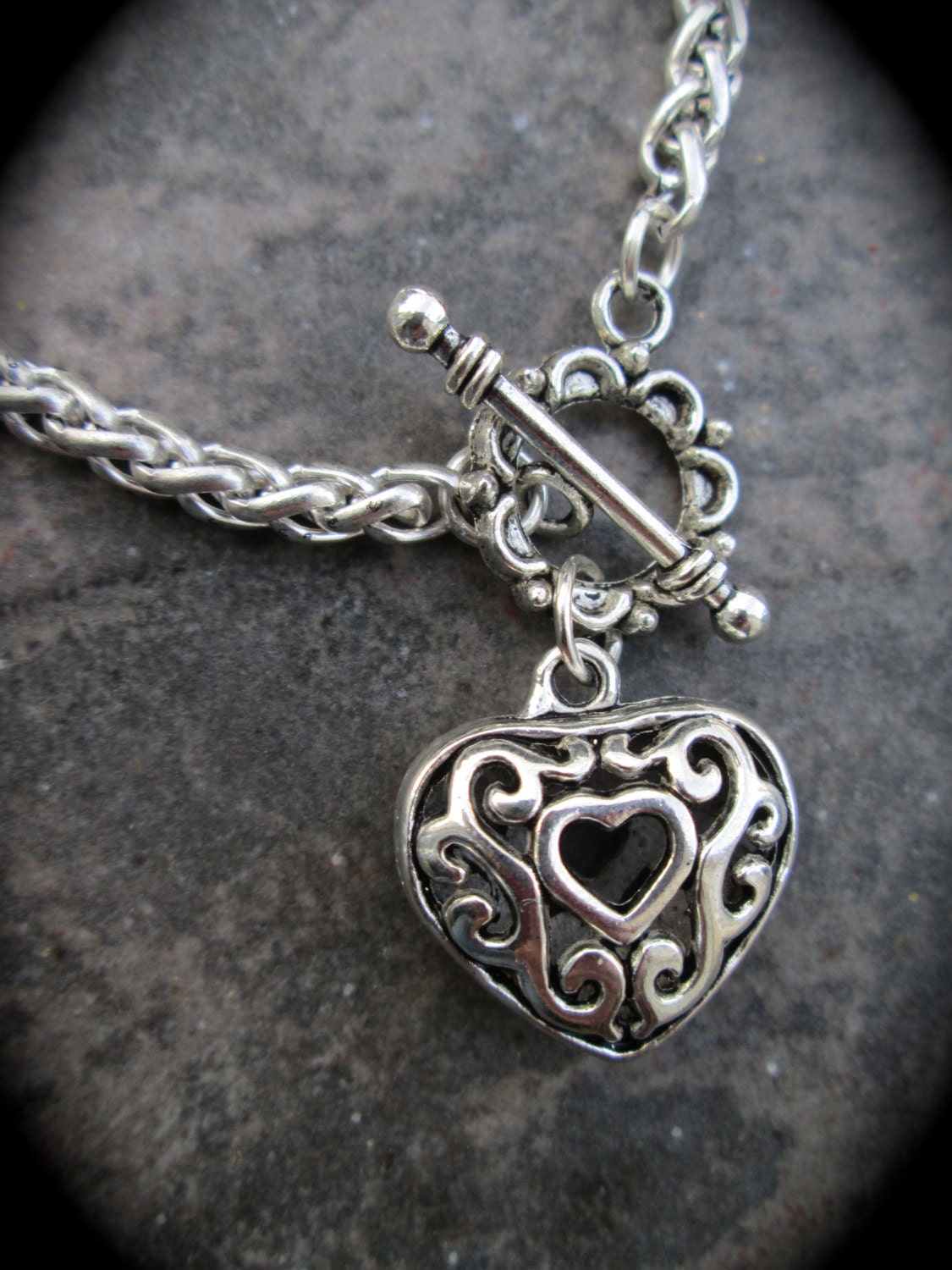 Silver Filigree Heart Bracelet With Foxtail Chain and Toggle Clasp 7 1 ...