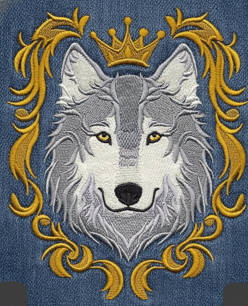 Regal Wolf Head Embroidery Design | Royal Wolf With Crown and Gold ...