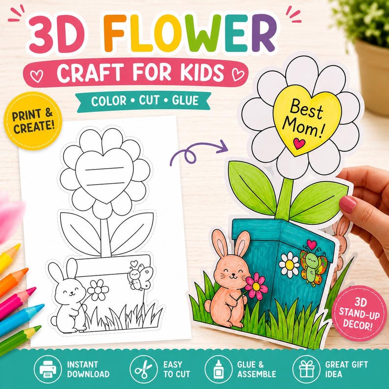 3D Flower Craft Printable | Kids Flower Pot DIY Activity (digital ...