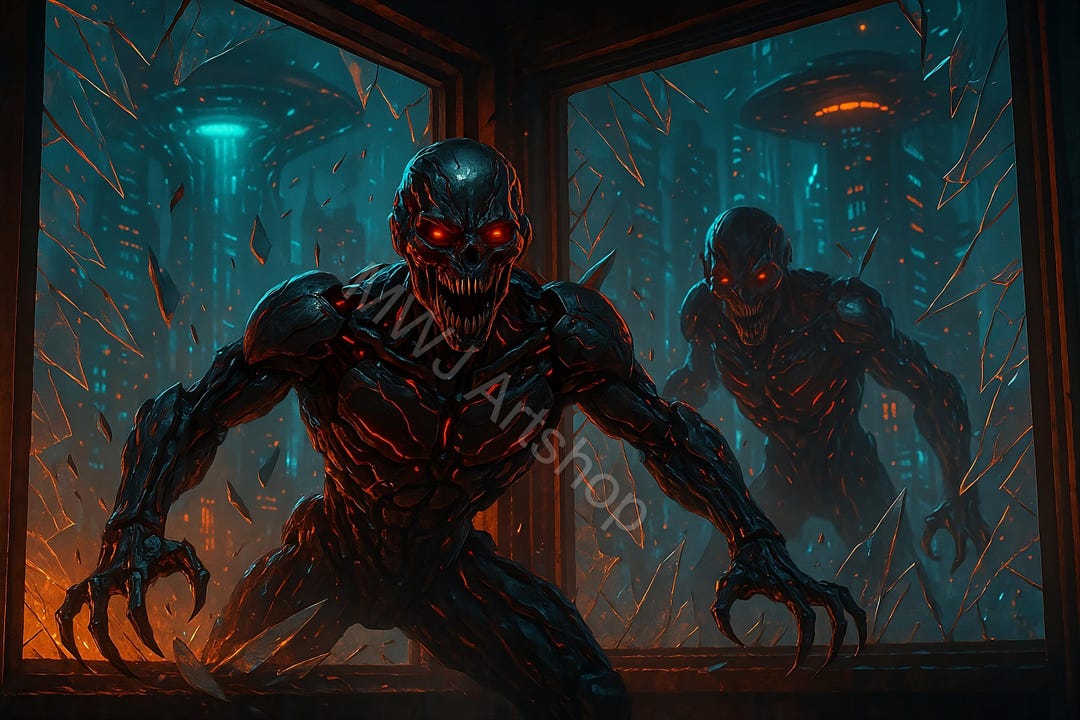 Cyborg Alien Sci-fi Horror Art – Set of 5 Dark Futuristic Landscape ...