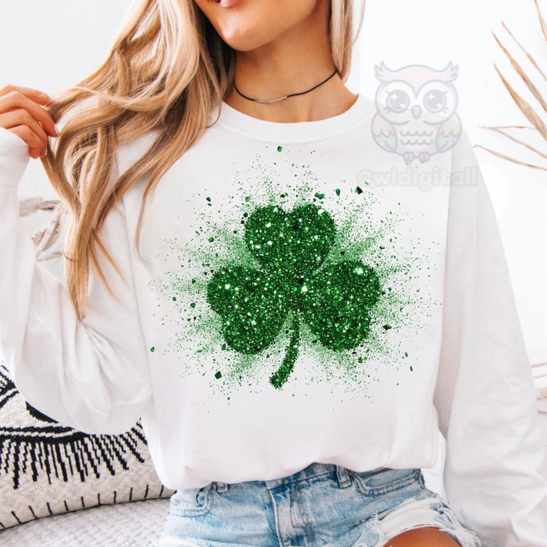 Green Glitter Shamrock PNG, St Patrick's Day Clover Design (digital ...