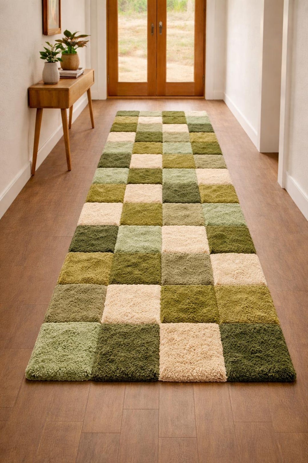 Modern Checkered Moss Ruge Green Square Tufted Rug, Handmade Wool Rug ...