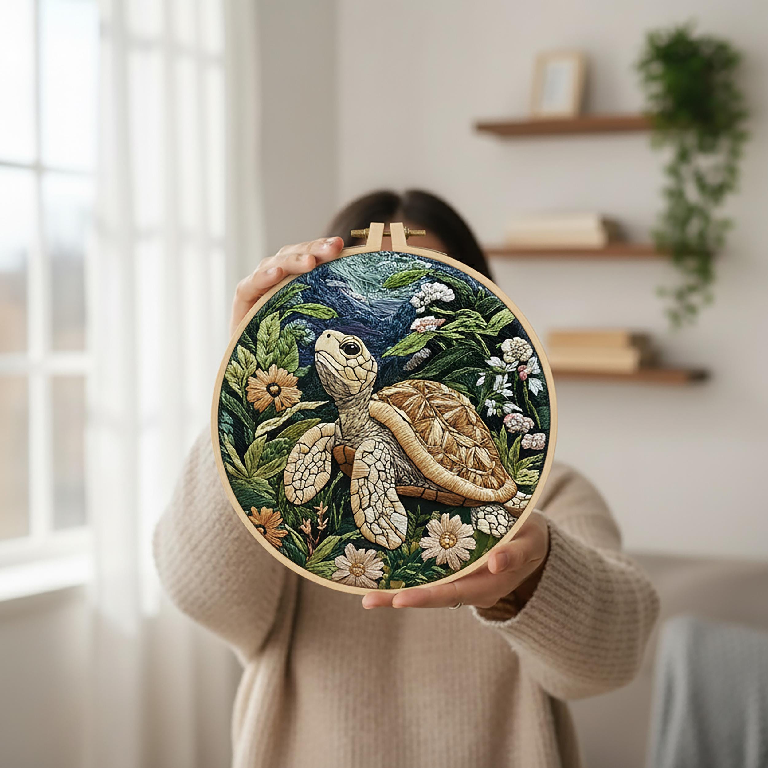 Sea Turtle Embroidery Kit – Satin Stitch Hoop Art Botanical | Modern ...