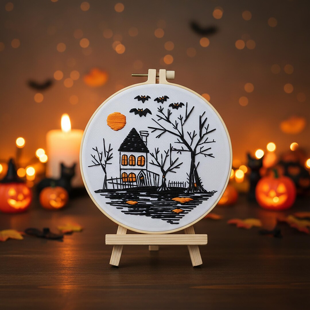 Satin Stitch Haunted House Embroidery Kit | Beginner Halloween Hoop Art ...