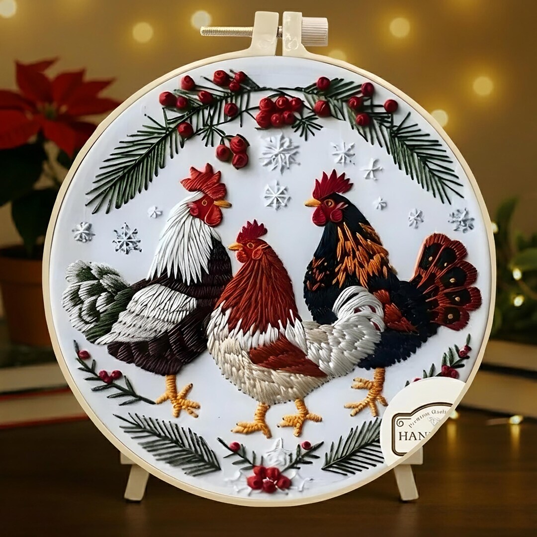 Christmas Rooster Satin Stitch Embroidery Kit | Farmhouse Chicken Hand ...