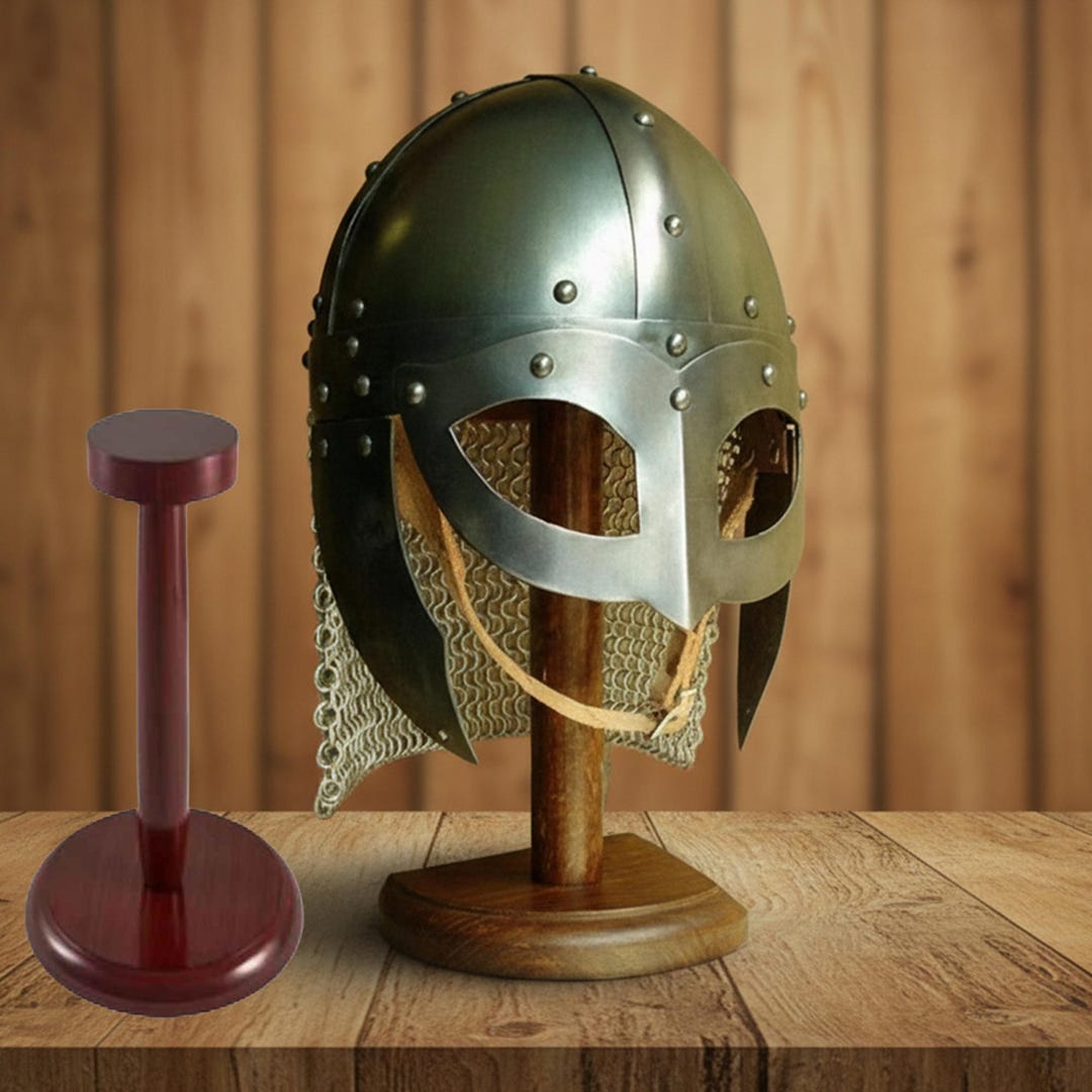 Viking Vendel Spectacle Helmet With Chainmail & Wooden Stand | Battle ...