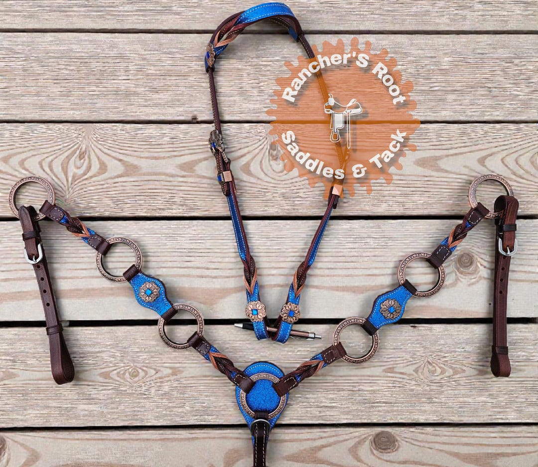 Western Horse Tack Set | Blue Glitter Ring Set, Dark Brown Leather - Etsy