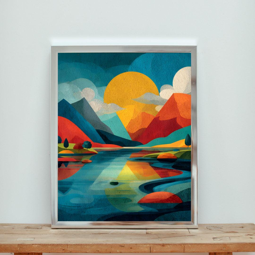 Abstract Mountain Lake Wall Art | Colorful Landscape Painting | Modern ...