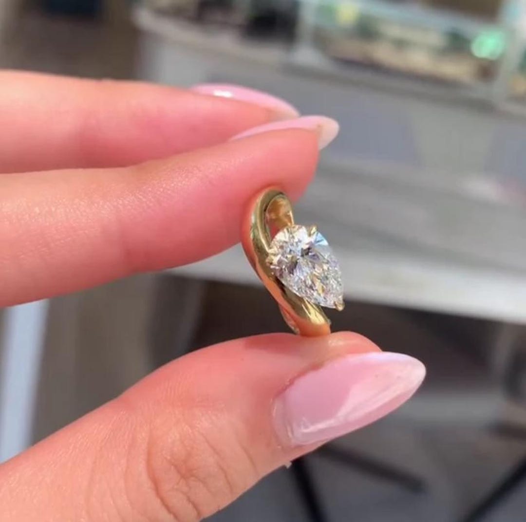Pear Cut Diamond Ring 2CT in 14K Solid Gold - Modern Bypass Wrap Bezel ...