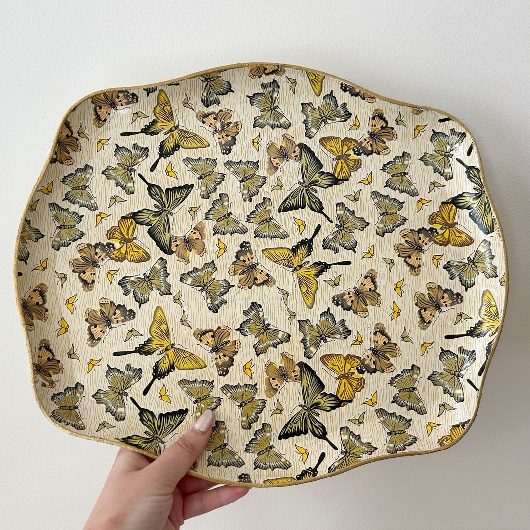 2 Vintage Lacquered Paper Mache' Trays / Butterfly Pattern Serving ...