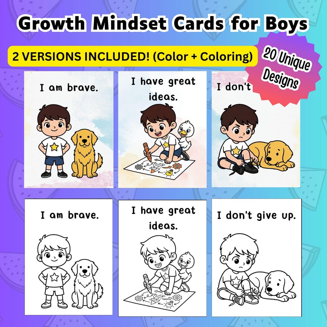 Growth Mindset Affirmation Cards for Boys | Coloring Activity (PDF) - Etsy