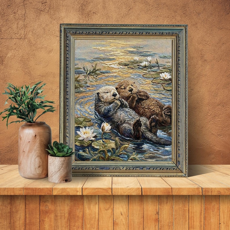 Significant Otter Art, Sea Otters Holding Hands, Valentines Gift, Faux ...