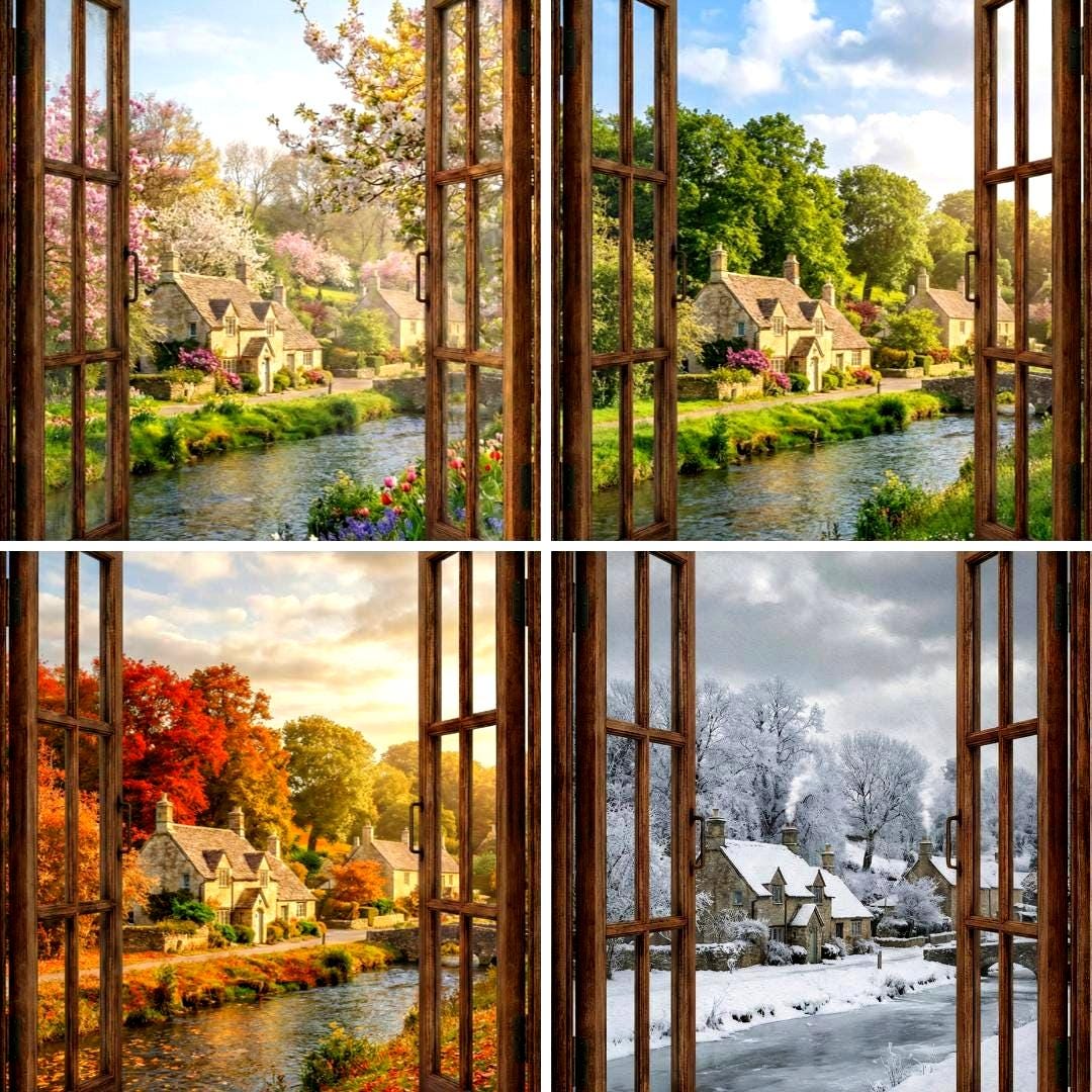 Four Seasons Fake Window Set, Cottagecore Countryside Landscape, Faux ...