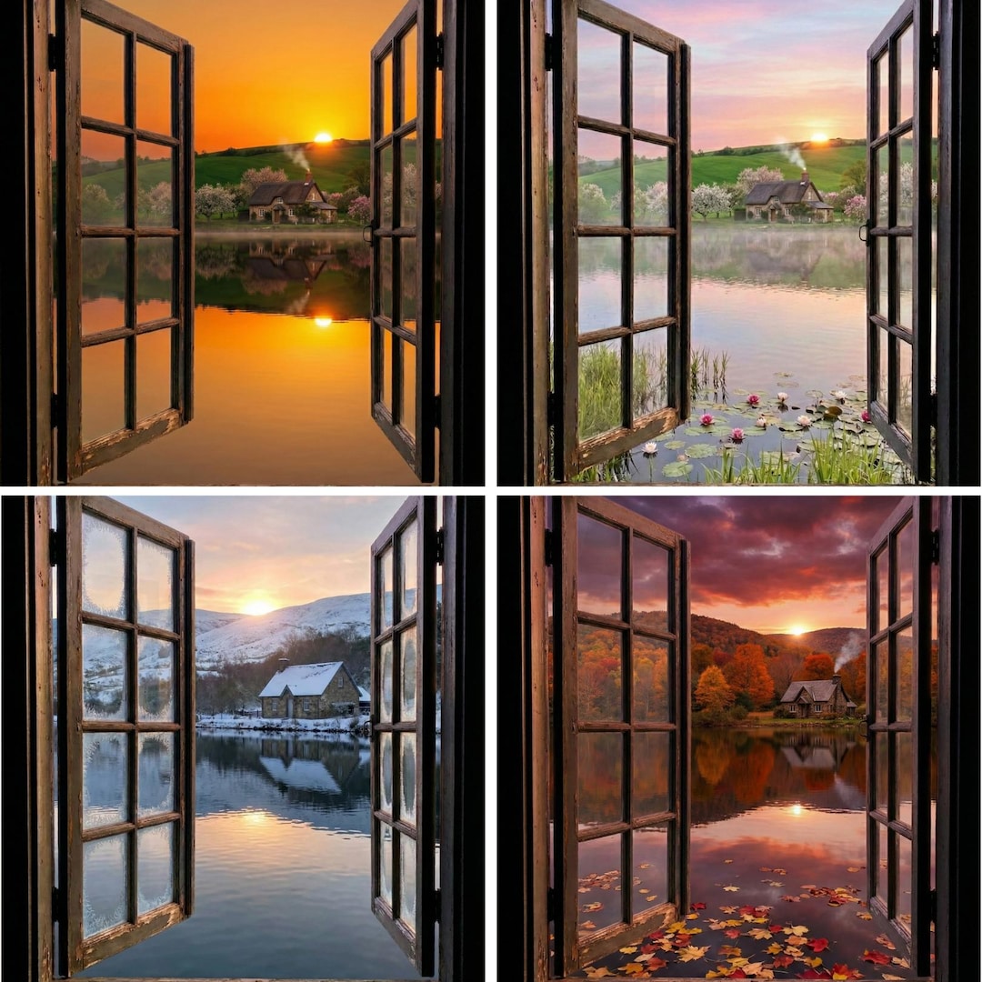 Fake Window View, Sunset Lake Cottage Art, Four Seasons Set, Open ...