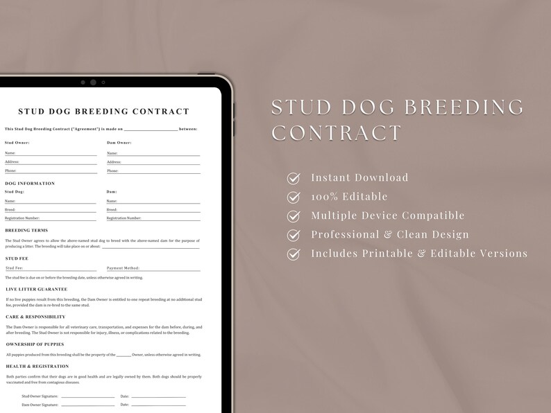 Stud Dog Breeding Contract Template (1-page) | Printable & Editable ...