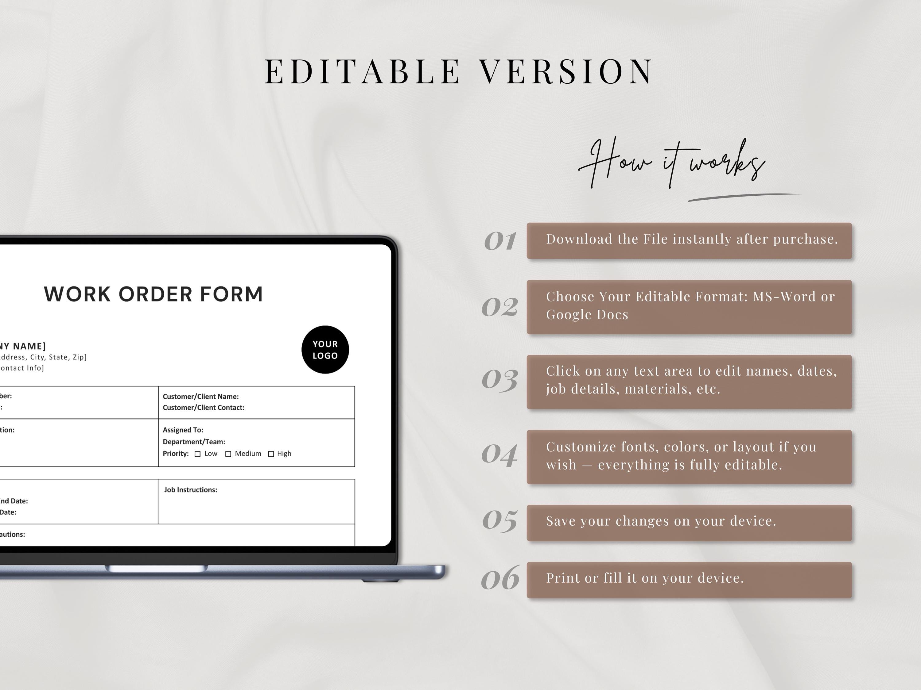 Work Order Template| Editable in Word & Google Docs | Business Work ...