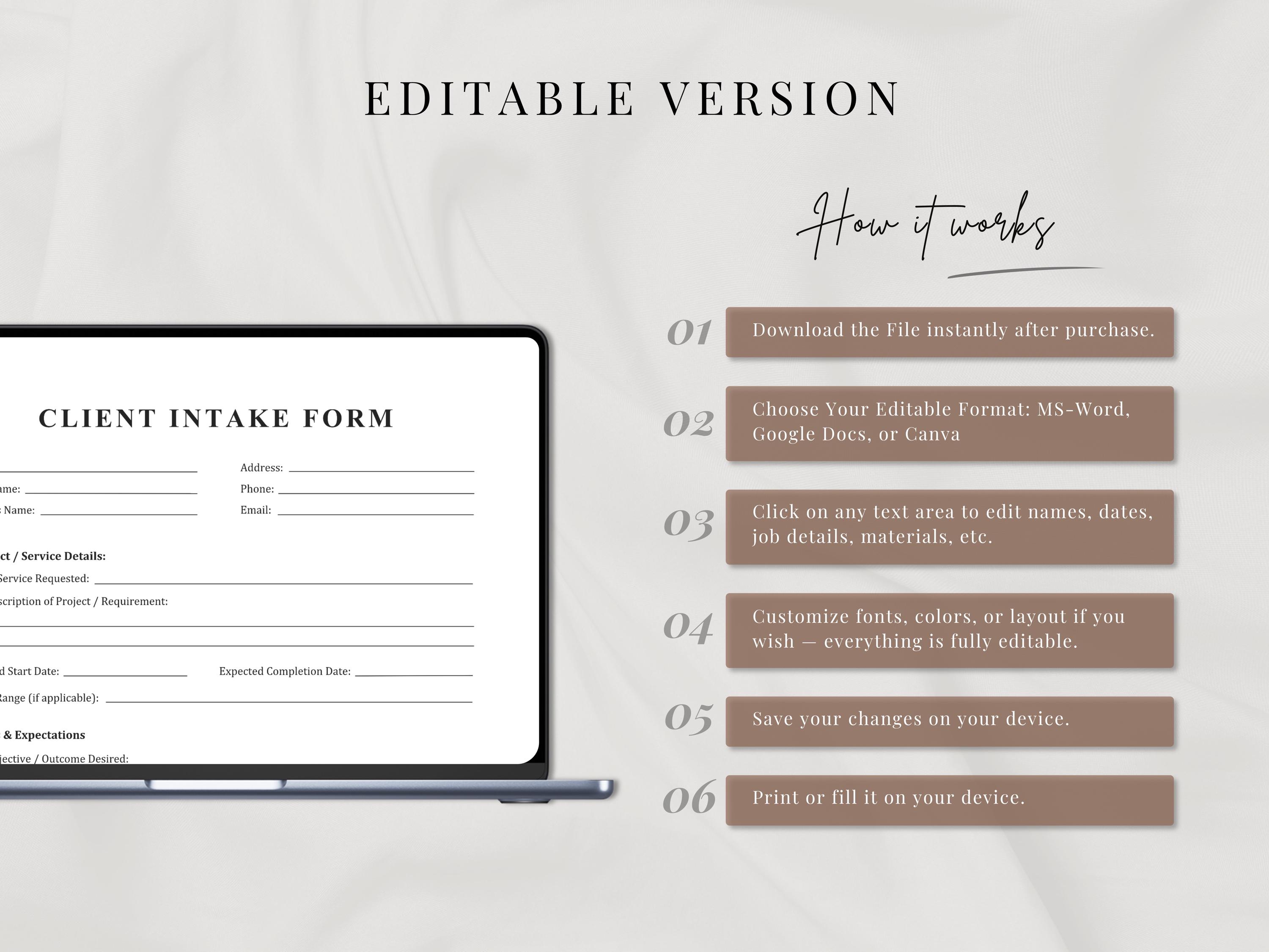 Client Intake Form Template | Printable & Editable | Business Client ...
