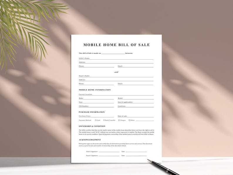 Mobile Home Bill of Sale Template | Printable & Editable | Manufactured ...