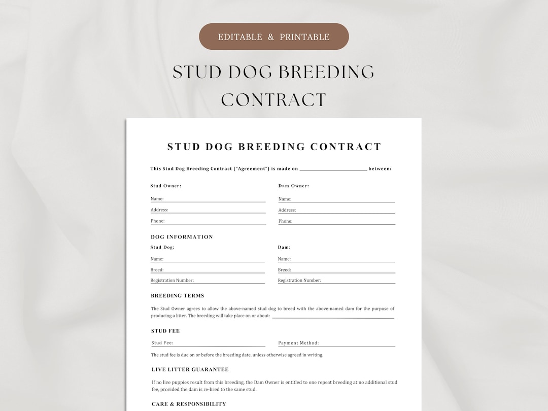 Stud Dog Breeding Contract Template (1-page) | Printable & Editable ...