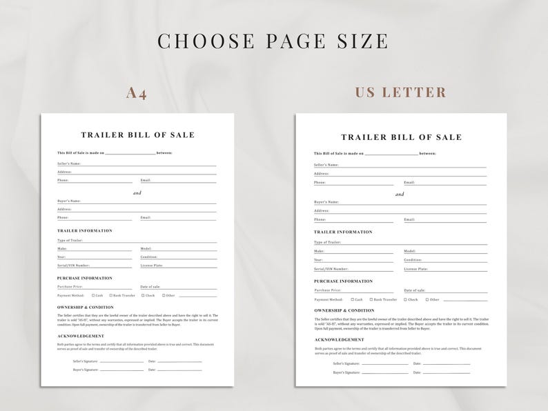 Trailer Bill of Sale Template | Printable & Editable | Utility, Cargo ...