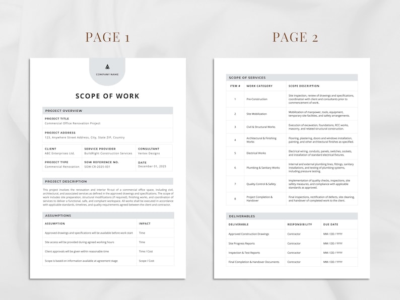 Editable Construction Scope of Work Template | 4-page SOW | Contractor ...