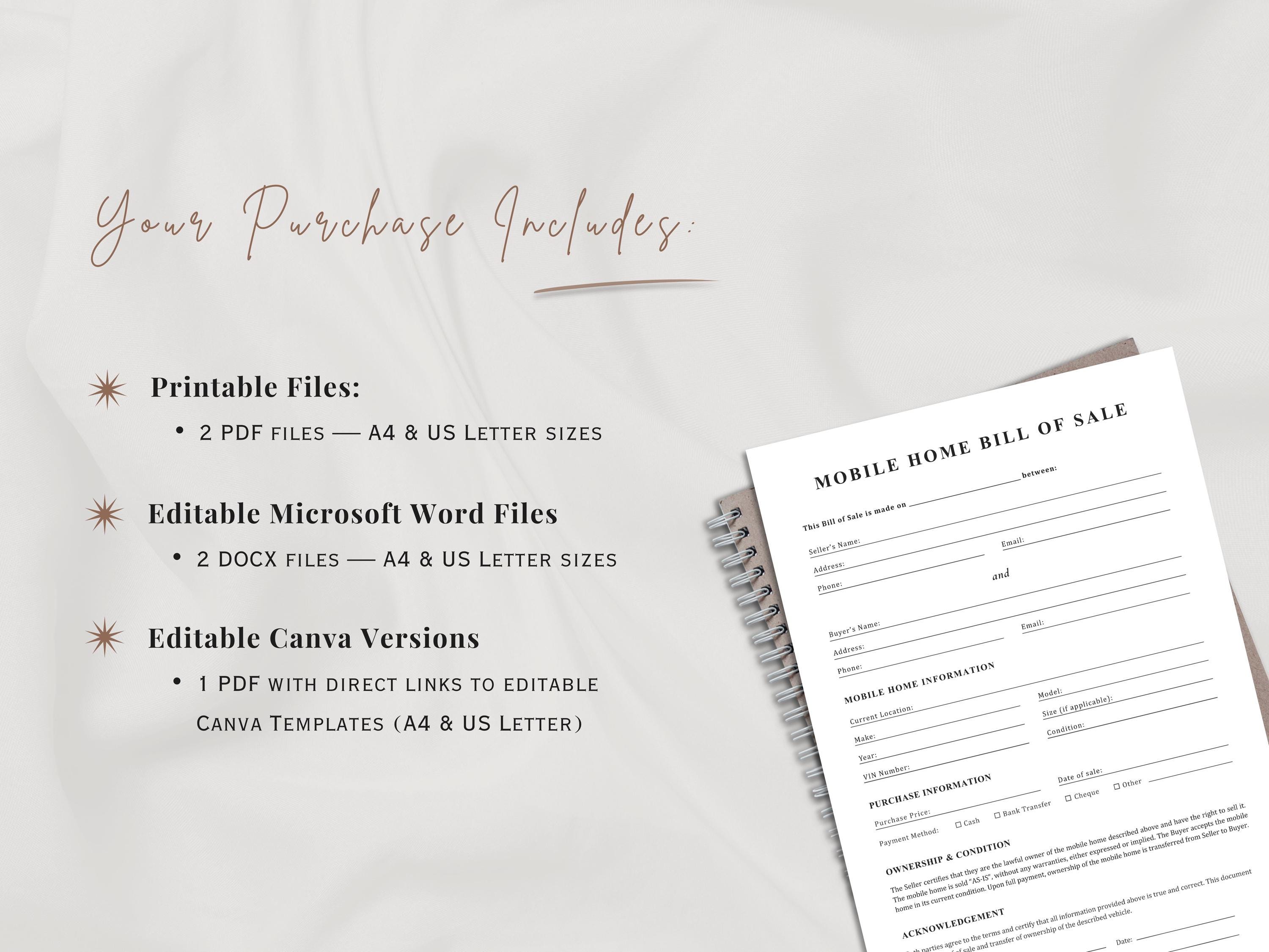 Mobile Home Bill of Sale Template | Printable & Editable | Manufactured ...