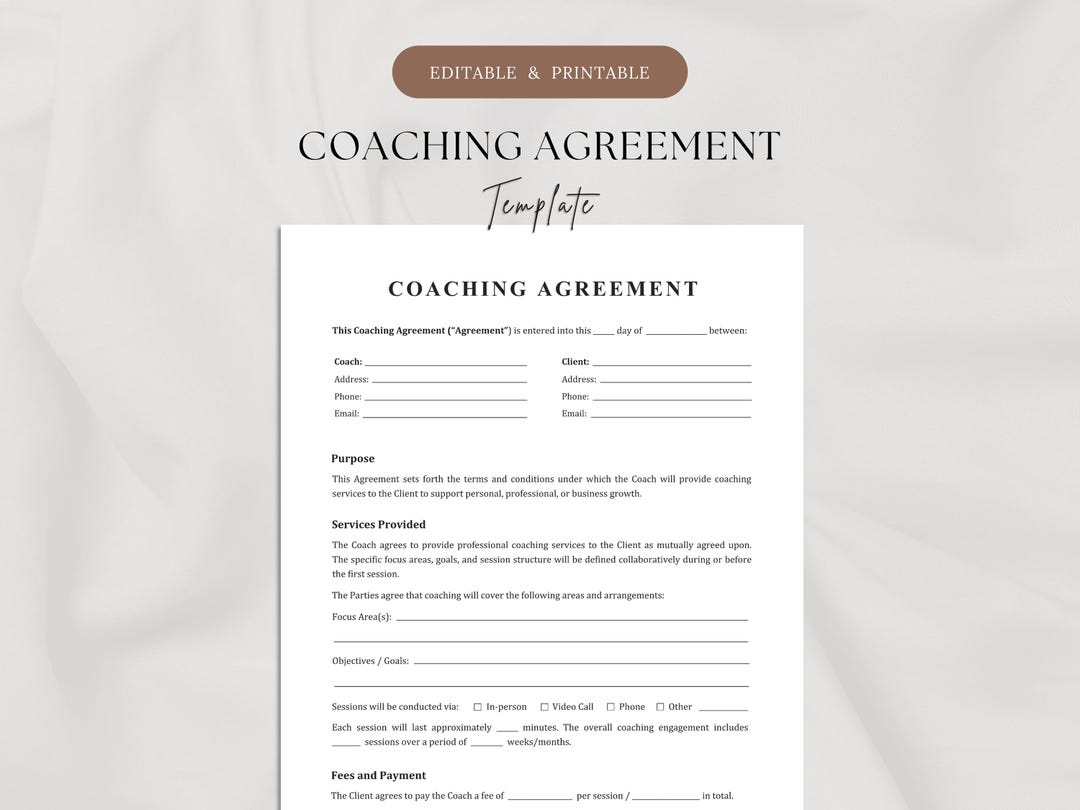 Coaching Agreement Template | Printable & Editable | Life Coach ...