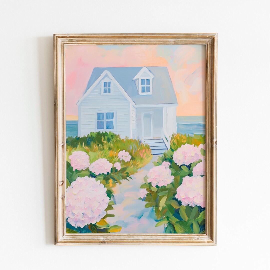 Pastel Coastal Cottage Wall Art | Garden Beach House Oil Painting ...