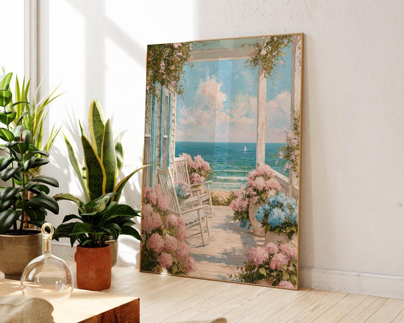 Beach Cottage Porch Art | Coastal Ocean View Print | Seaside Coastal ...