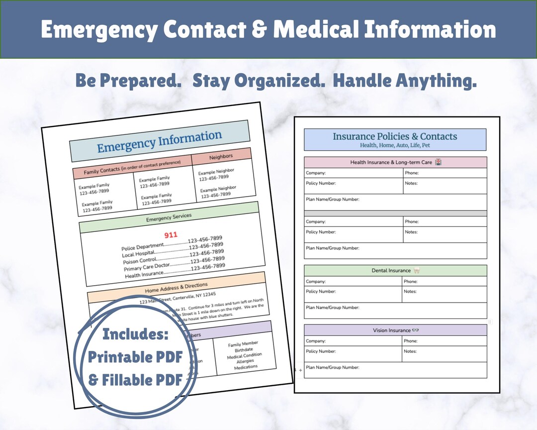 Emergency Contact & Medical Information | Editable, Fillable Printable ...