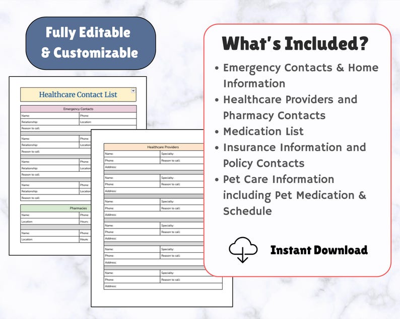 Emergency Contact & Medical Information | Editable, Fillable Printable ...