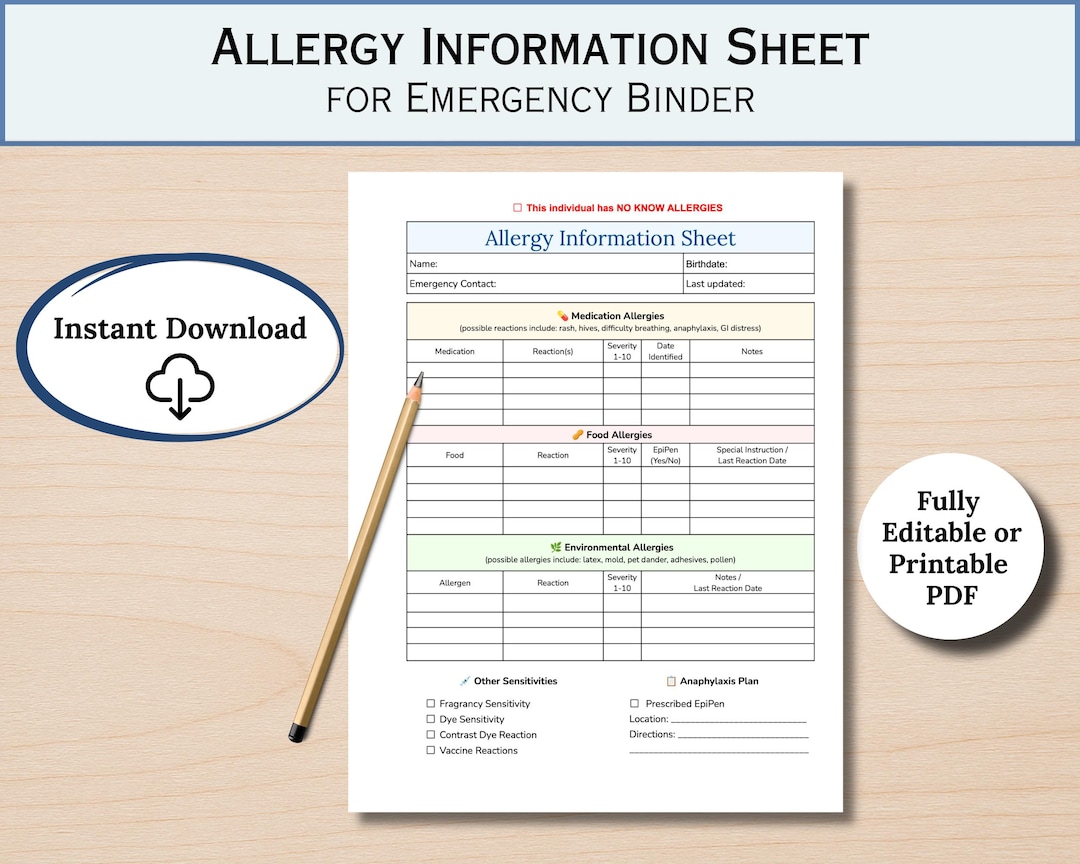 Allergy Information Sheet Printable, Emergency Binder Page, Medical ...