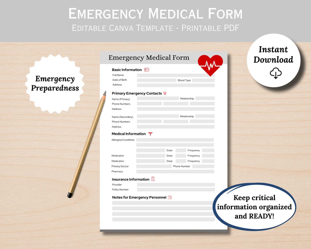 Emergency Medical Information Form. Printable PDF & Editable Canva ...