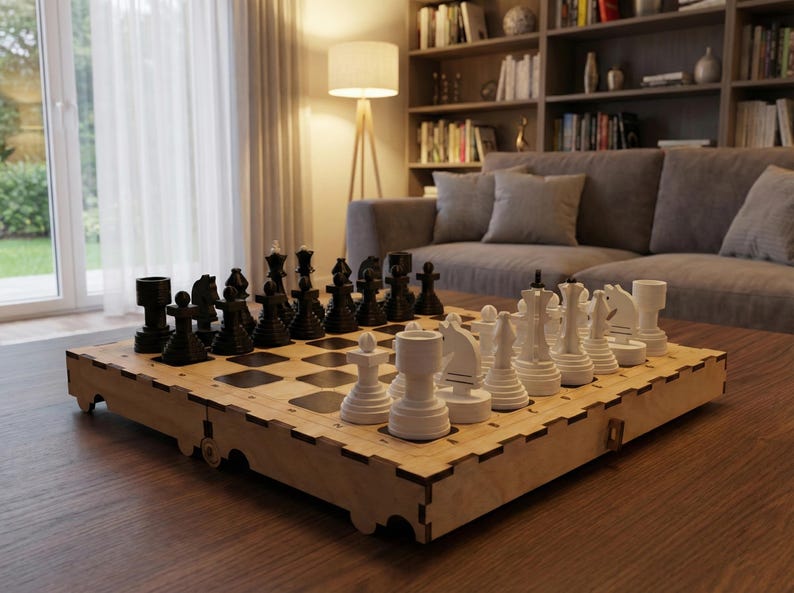 Chess Set DXF SVG File Laser Cut Wood 32x32cm – Modern Chess Board ...