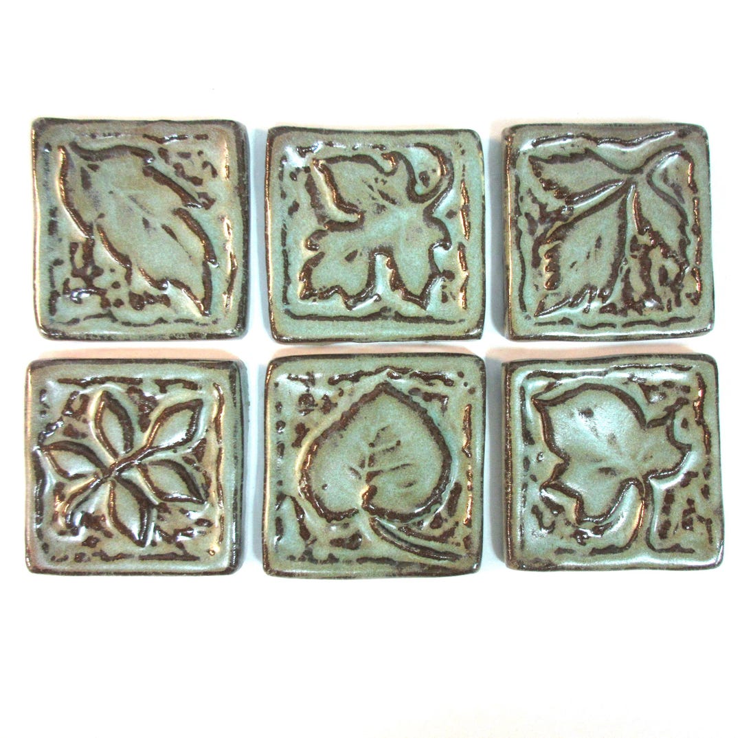 Leaf Ceramic Tiles, Set of 6 Handmade Stoneware Craft Tiles, Rustic ...