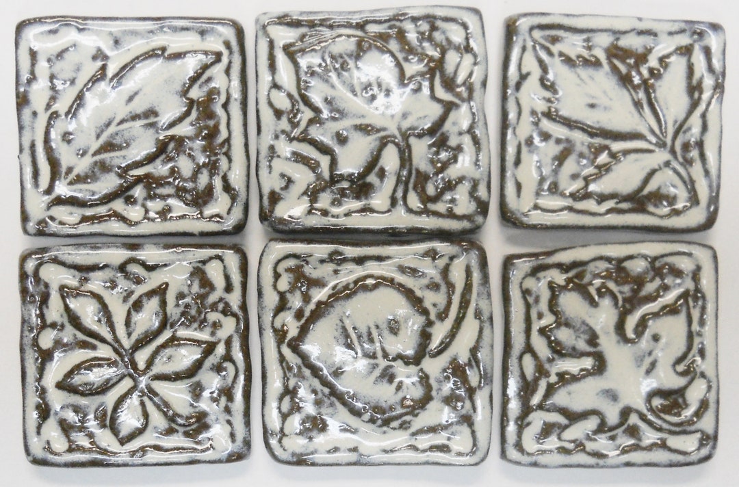 Ceramic Leaf Tiles, 2 Handmade Craft Tiles: Rustic White Glazed Mosaic ...