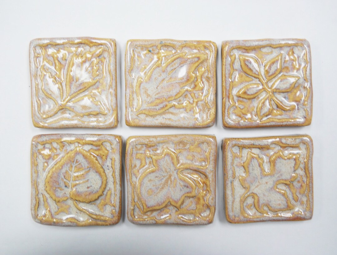 Leaf Tiles, 2" Handmade Ceramic Craft Tiles, Beige White Tones Glazed ...