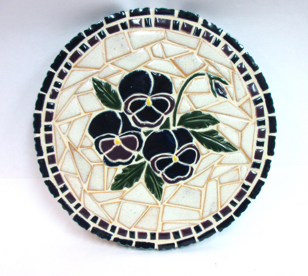 Pansy Mosaic Tile Trivet and Wall Art , 9" Handmade Ceramic Tile Mosaic ...
