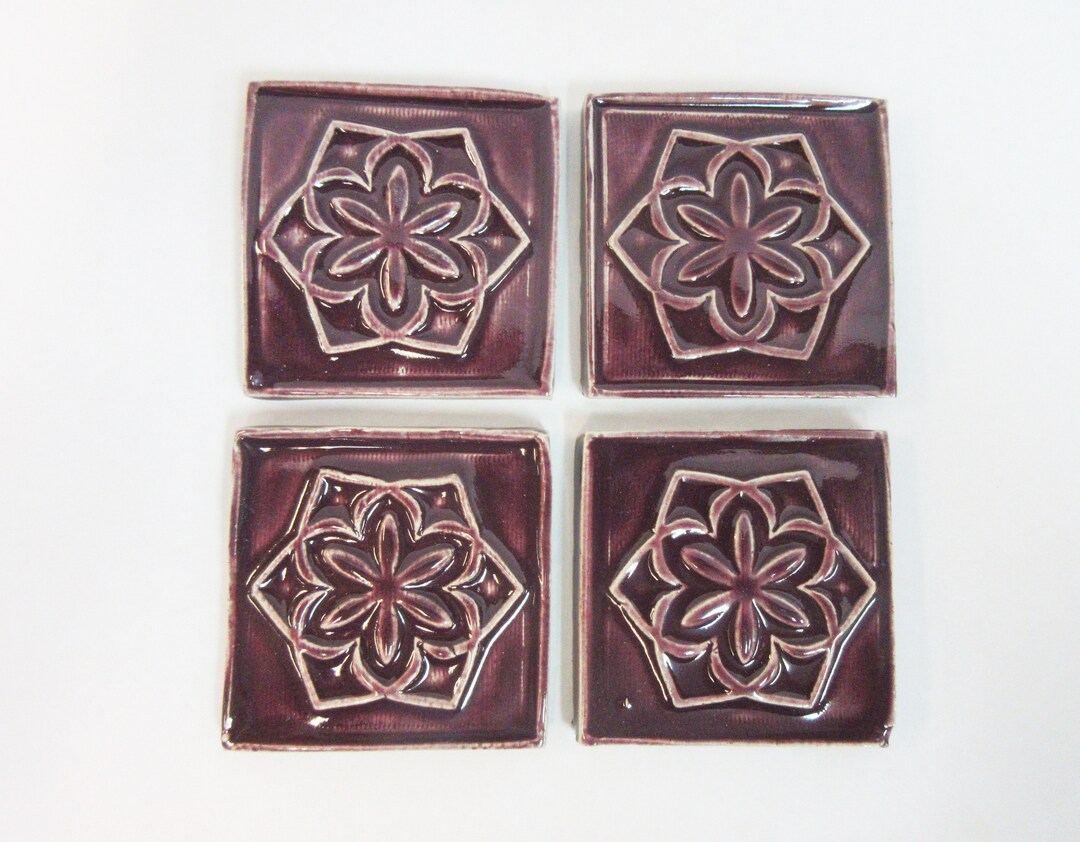 Focal Mosaic Tiles, 2" Purple Handmade Craft Center Tiles, Set of 4: Geometric Ceramic Corner ...