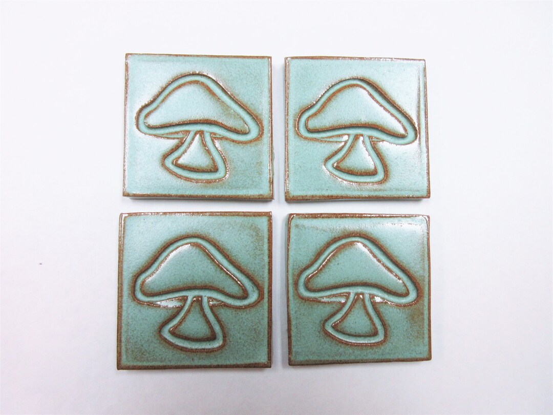 Focal Mushroom Mosaic Tiles, 2" Rustic Turquoise Center Tiles Set of 4 ...