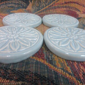 Floral Medallion Ceramic Tiles, Set of 4, 3" Light Blue Handmade ...
