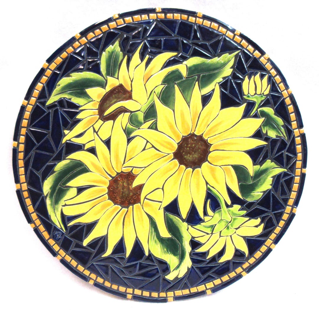 Sunflower Mosaic 16" Tile Wall Art, Handmade Ceramic Tile Table Top ...
