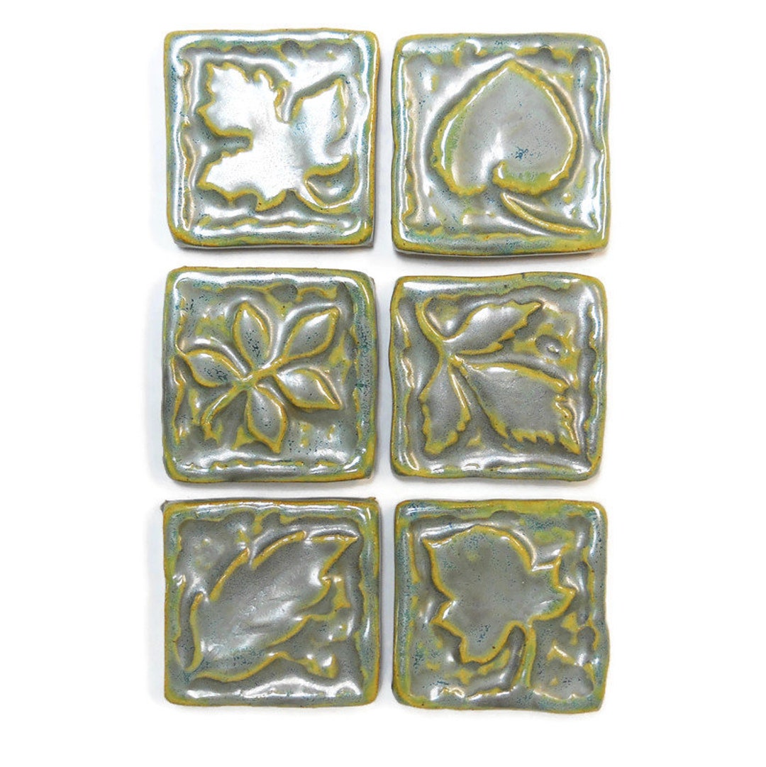Leaf Mosaic Tiles, 2" Handmade Ceramic Craft Tiles: Set of 6 Khaki ...