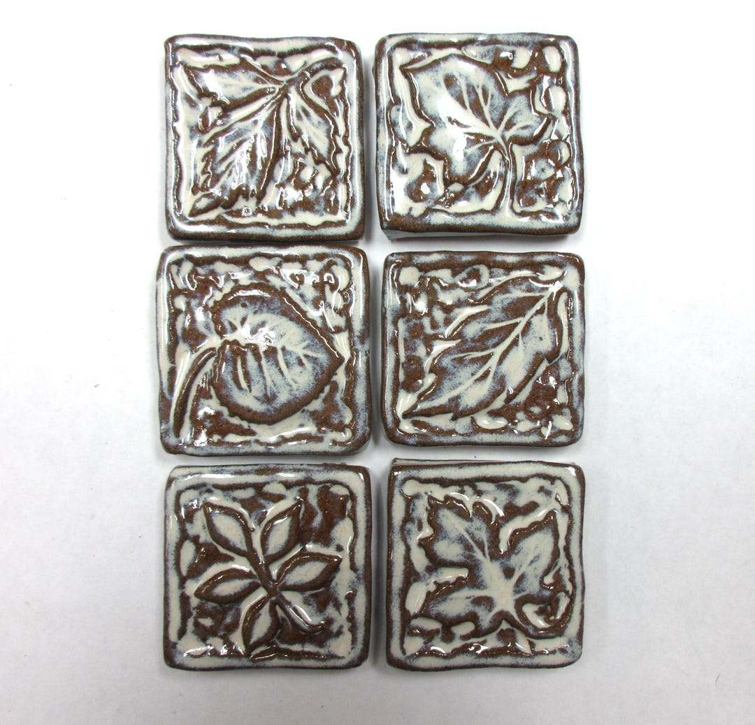 Ceramic Leaf Tiles, 2" Handmade Craft Tiles, Rustic White Glazed Mosaic ...