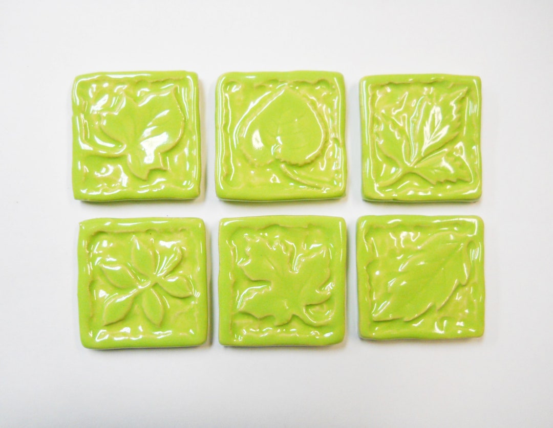 Ceramic Leaf Tiles, Handmade Square 2" Craft Tiles, Set of 6 Lime Green ...