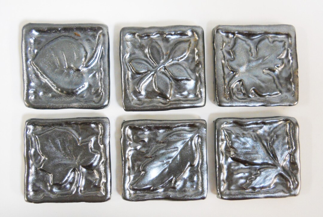 Leaf Mosaic Tiles Handmade Ceramic Craft Tiles: Metallic Silver Glazed ...