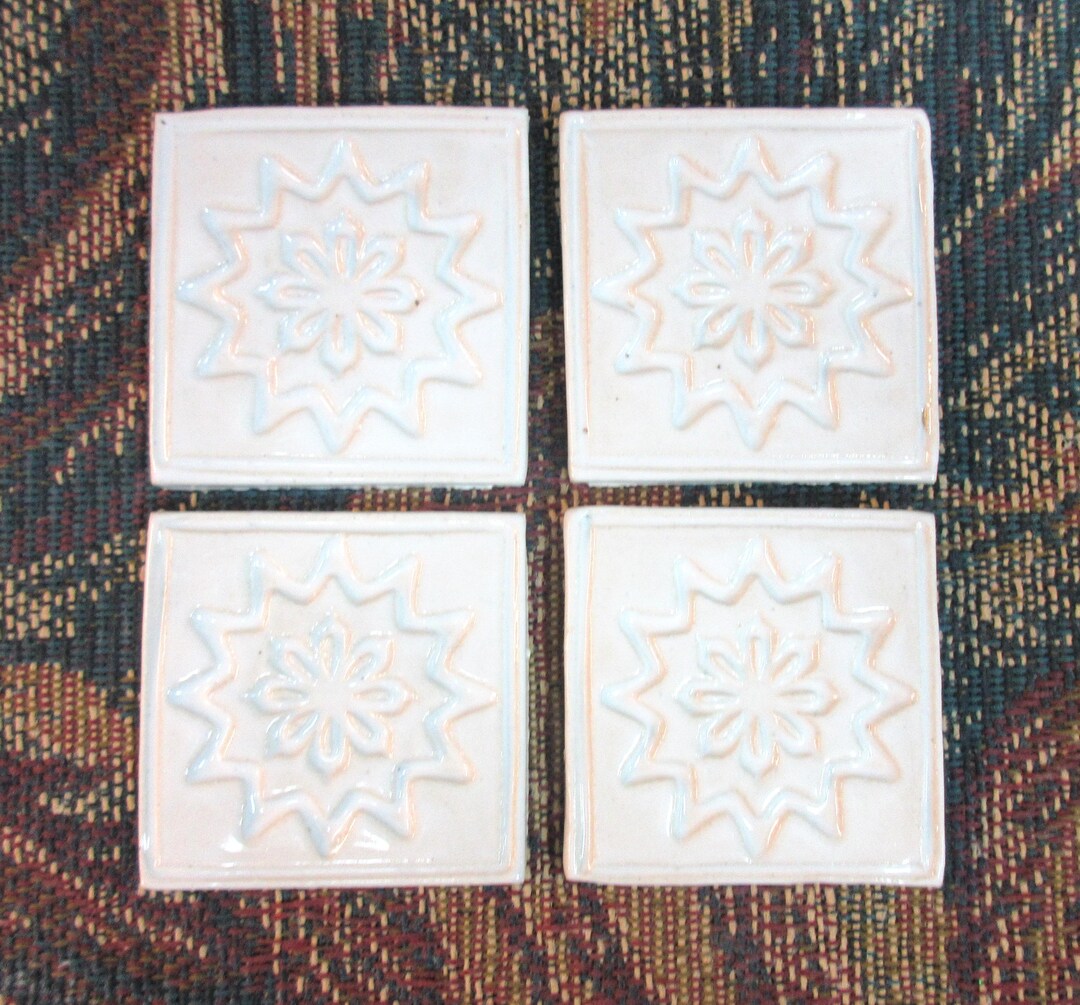 White Focal Tiles, 2" White Mosaic Center Tiles, Set of 4, Geometric ...