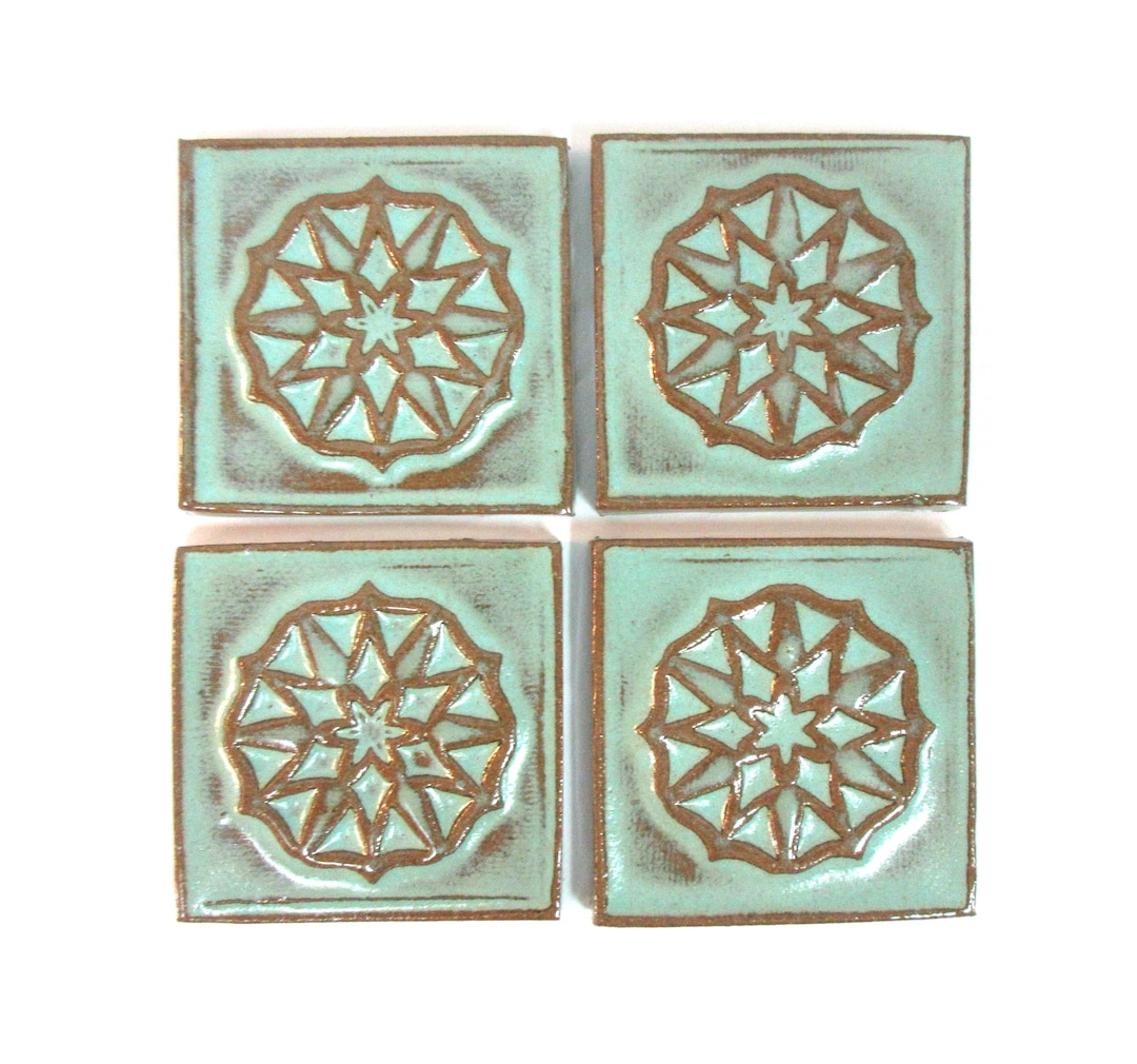 Focal Mosaic Tiles 2", Rustic Turquoise Center Tiles Set of 4 ...