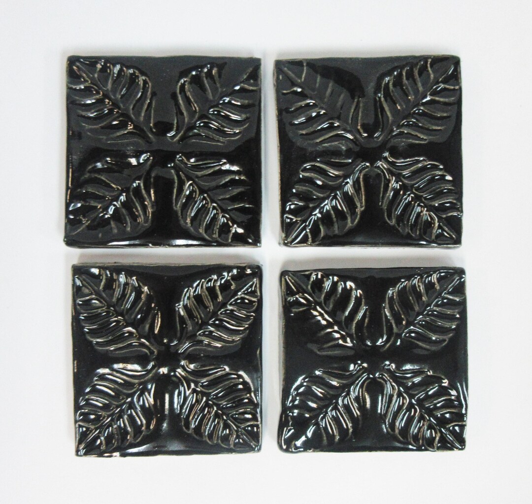 Focal Ceramic Tiles, 2" Black Mosaic Center Tiles, Set of 4, Geometric ...